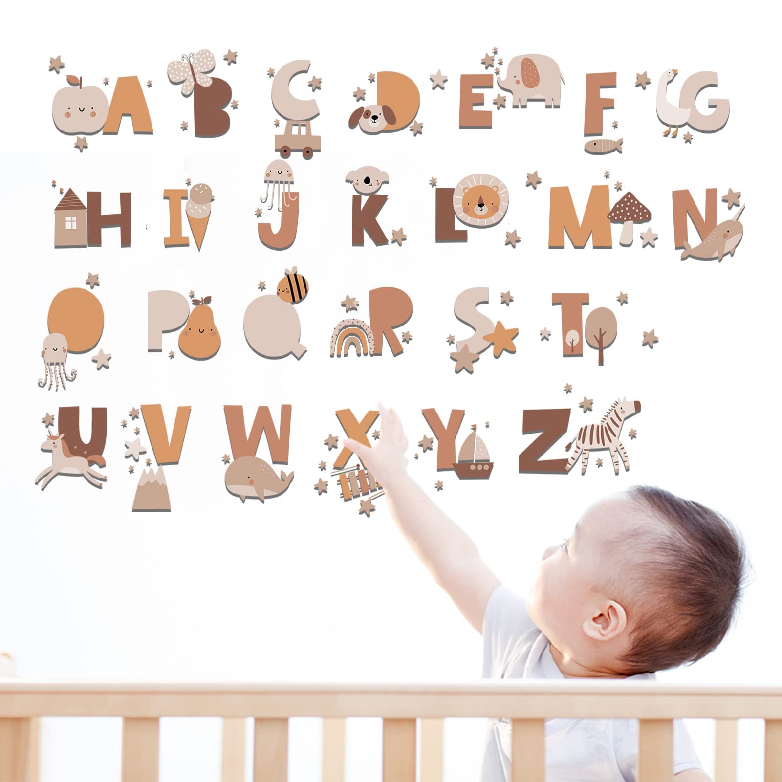 Boho Alphabet Wall Decals Removable Alphabet Letters Wall Sticker Peel and Stick Alphabet Wall Decals for Kids Nursery Bedroom Living Room Décor