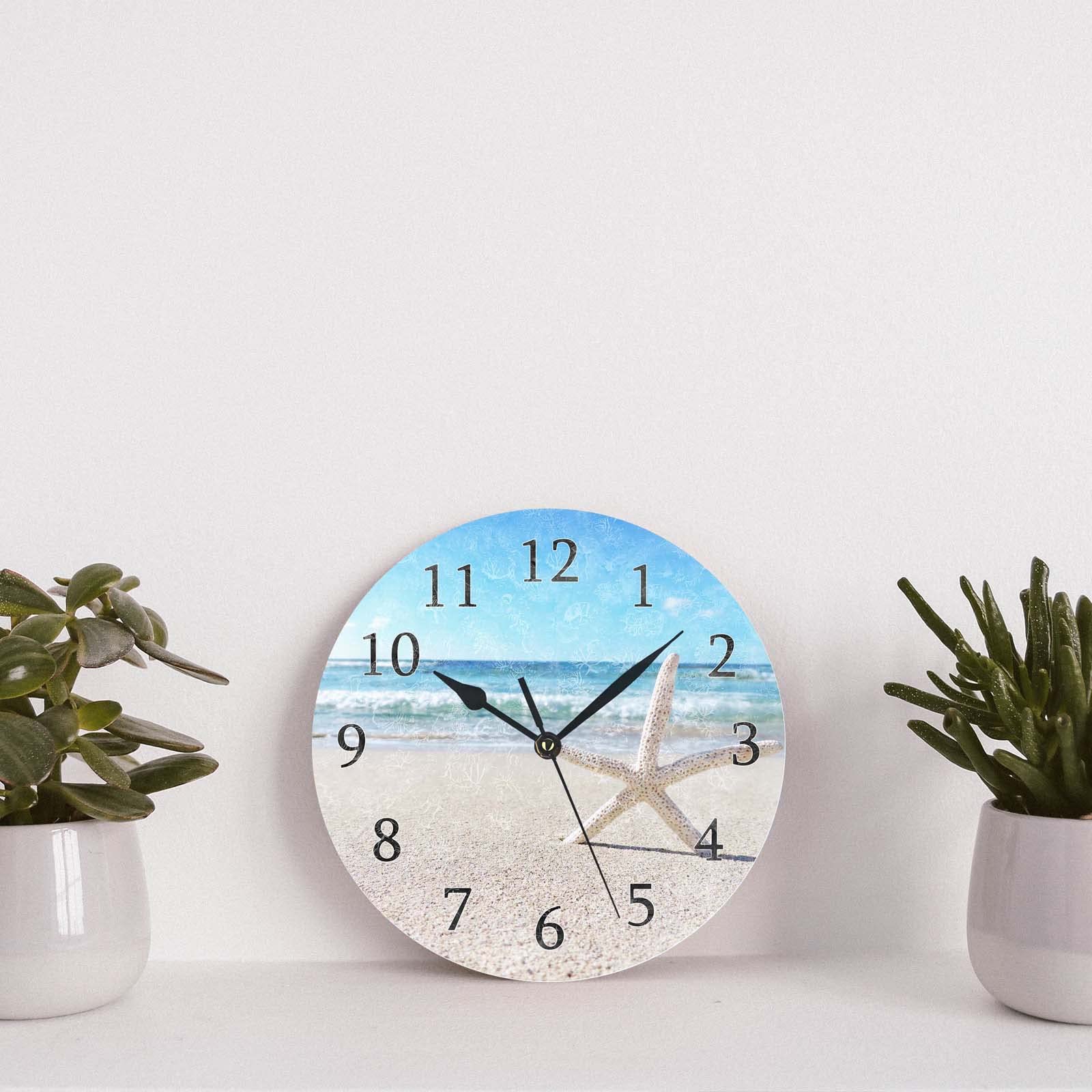 ATEDEANEI Wall Clock for Bathroom,Silent Battery Operated,Small Living Room,Kitchen,Bedroom Decor,10 Inch,Beach Sea Starfish
