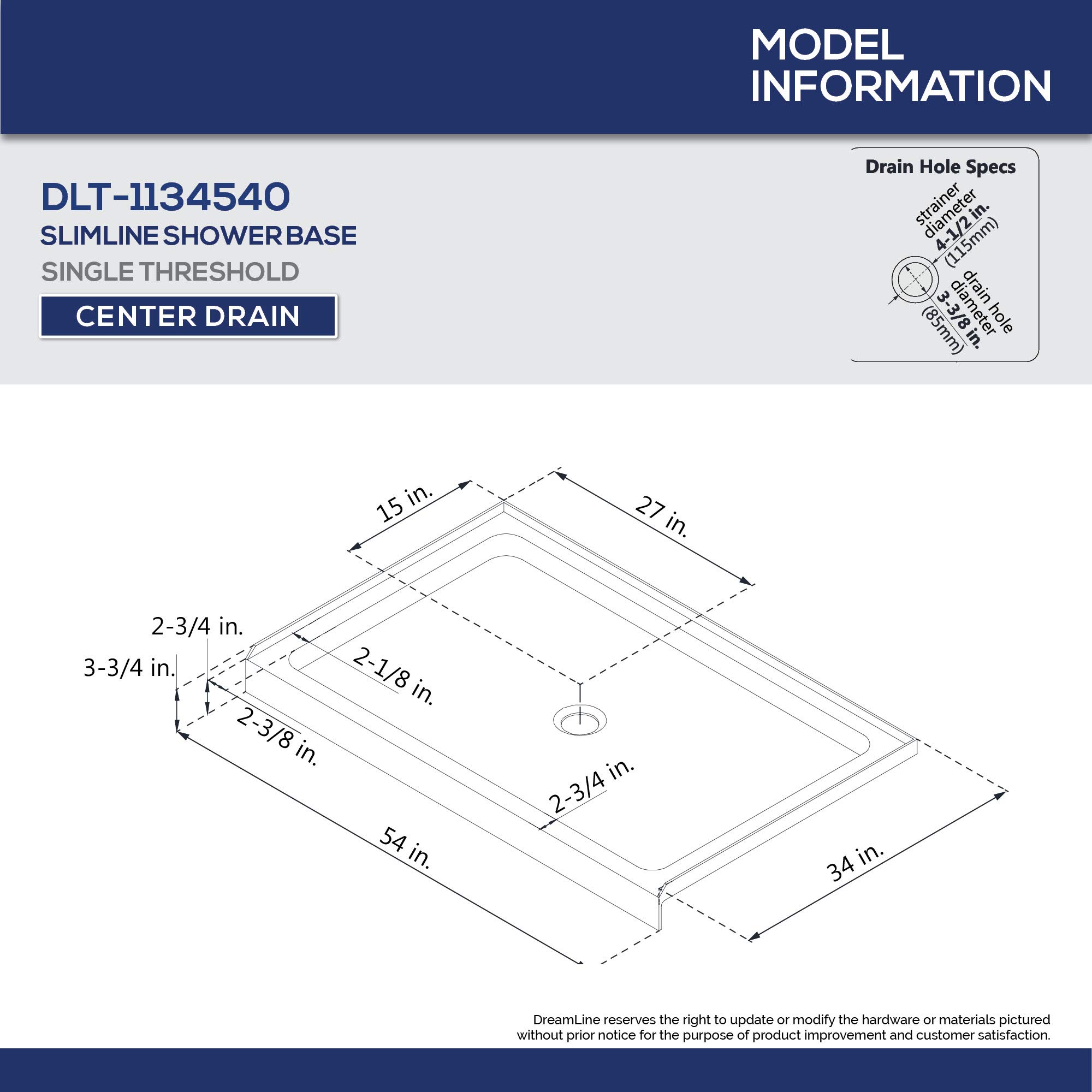 DreamLine SlimLine 34 in. D x 54 in. W x 2 3/4 in. H Center Drain Single Threshold Shower Base in Biscuit, DLT-1134540-22