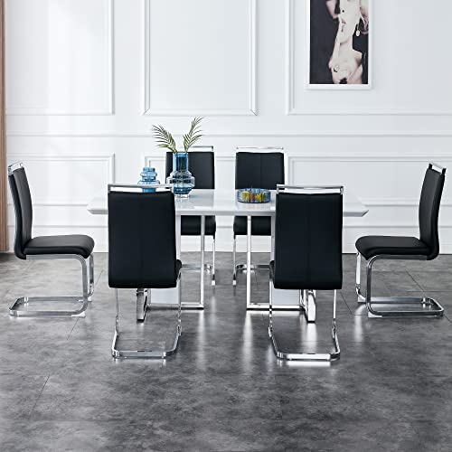 Dining Room Table Set for 6,Modern 71 Inch Rectangular Dining Table For 6-8 Persons,With 6 Black Faux Leather Upholstered High-Back Dining Chairs For Dining Room / Kitchen (Table + 6 Black Chair)