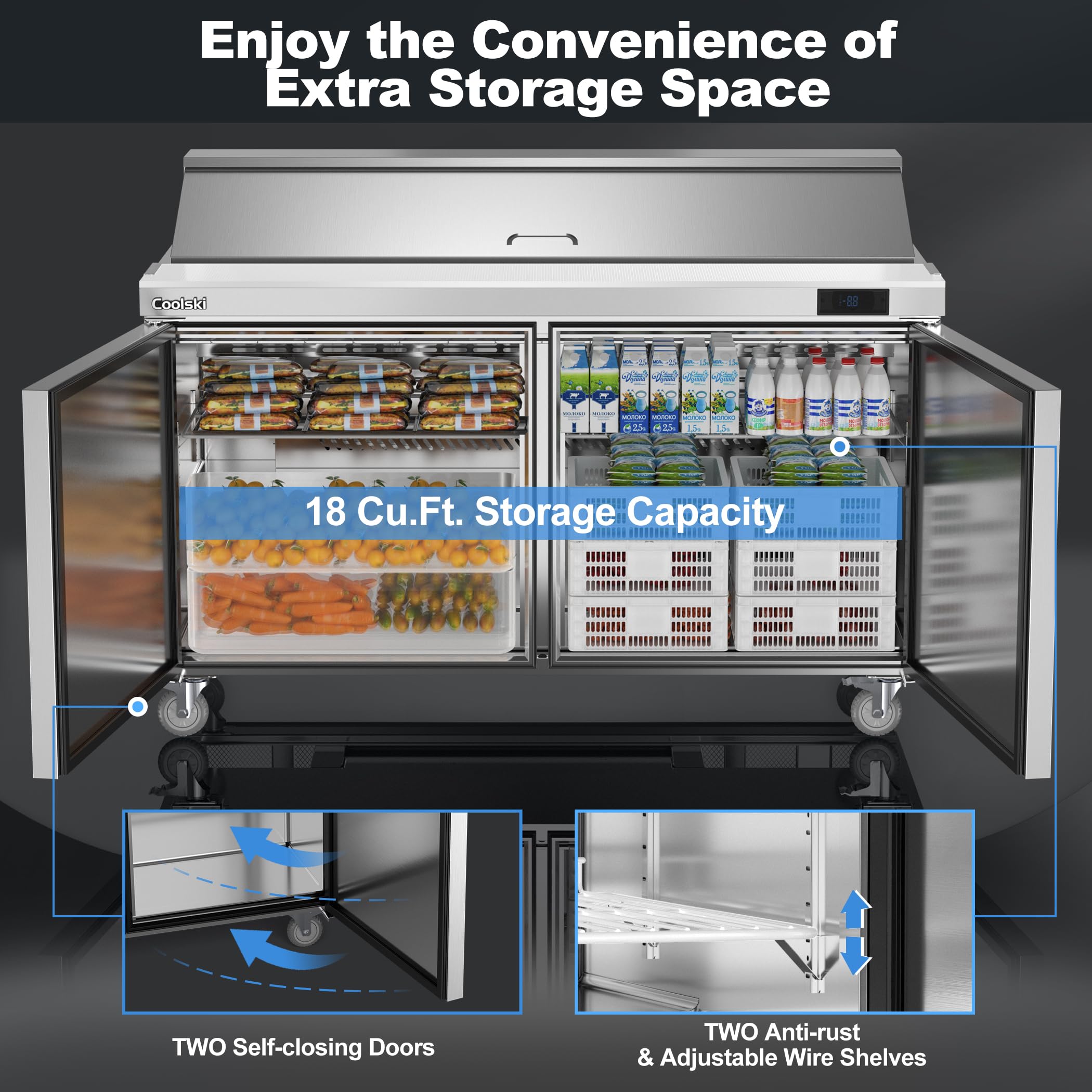 Coolski 60ββ W 2 Door Commercial Refrigerator, Refrigerated Sandwich Salad Prep Table with 16 Pans/Mega Top/Cutting Board, 18 Cu.Ft. Large Capacity Stainless Steel ETL NSF Approved