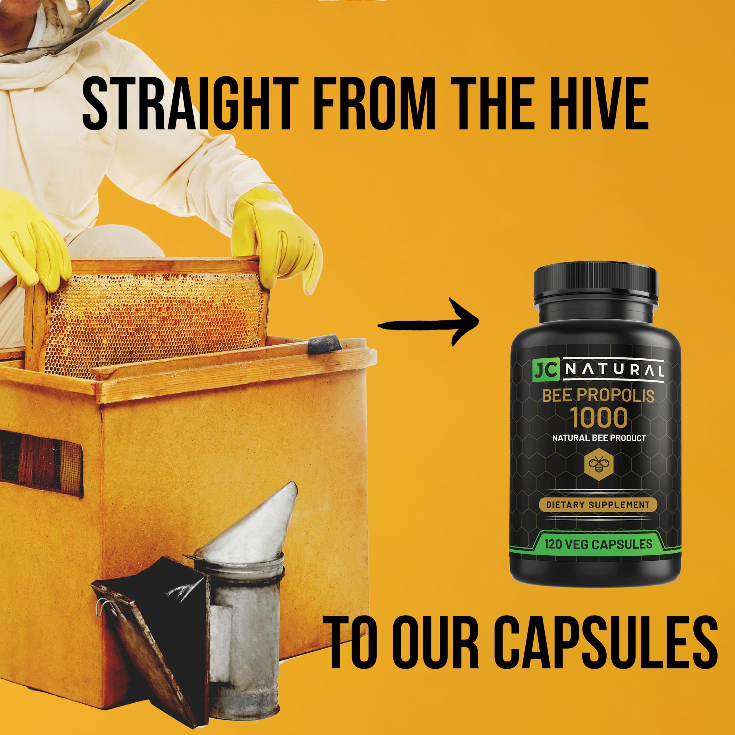 Bee Propolis Concentrate 1,000mg Dietary Supplement for Immune System, Straight from Nature, Non GMO- 120 Veg Capsules by JC Natural