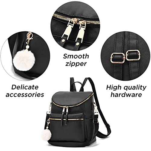 I IHAYNER Women Backpack Purse Fashion Leather Large Designer Travel Bag Ladies Shoulder Bags with Pompom Backpack for College Work, Black