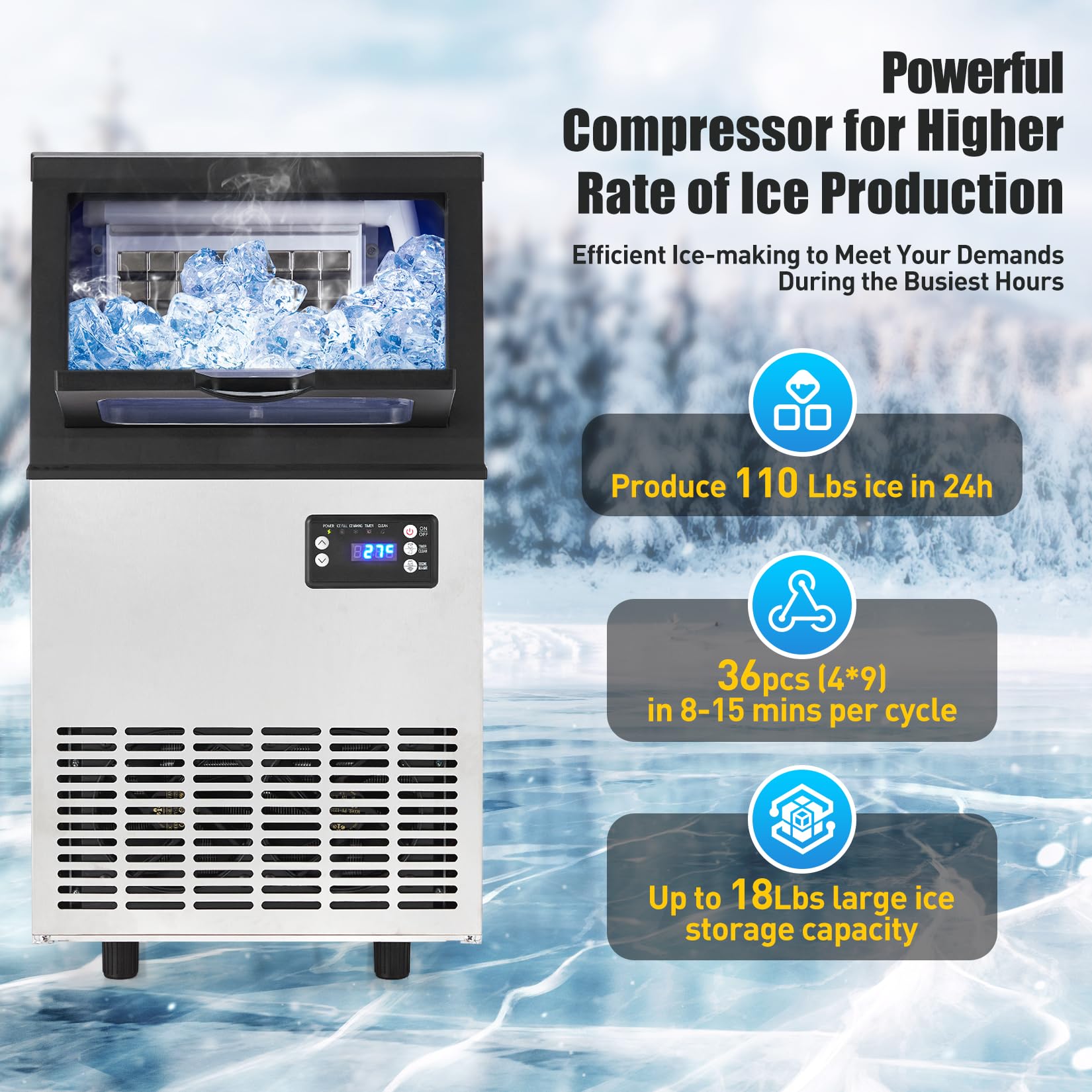 Commercial Ice Maker Machine, 110Lbs/24H, Ice Machine with 18LBS Ice Storage Capacity, Ice Maker Machine with Auto Self-Cleaning, Each Tray Can Make 36 Pcs of Ice for Home/Bar/Hotel/Restaurant