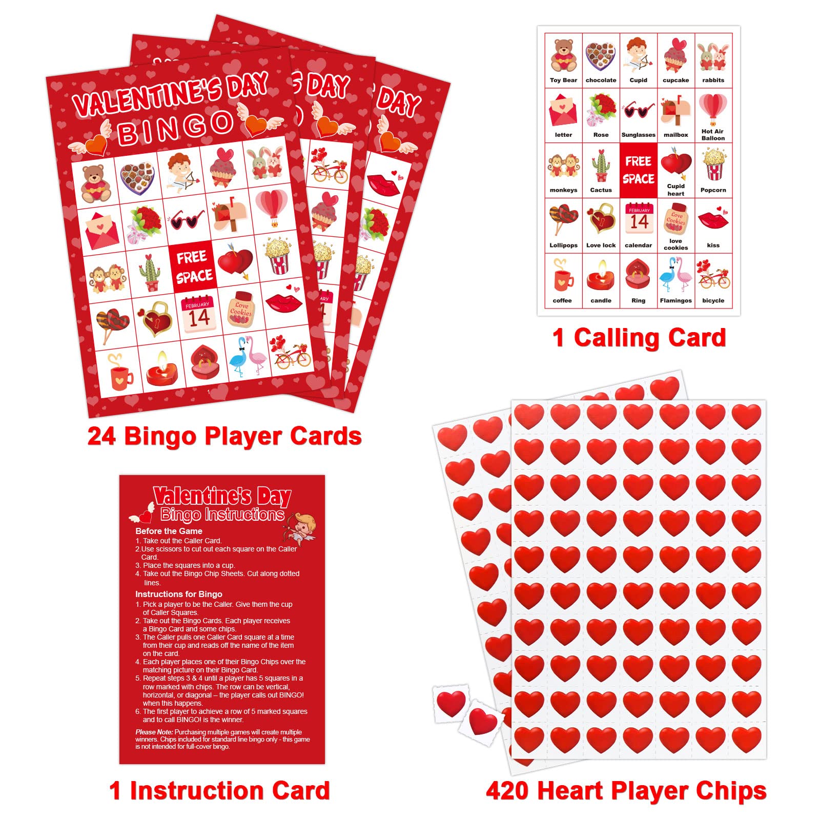 TENDFINE 24 Players Valentine’s Day Bingo Cards - Valentines Bingo Game for Valentine Party School Classroom Family Activities