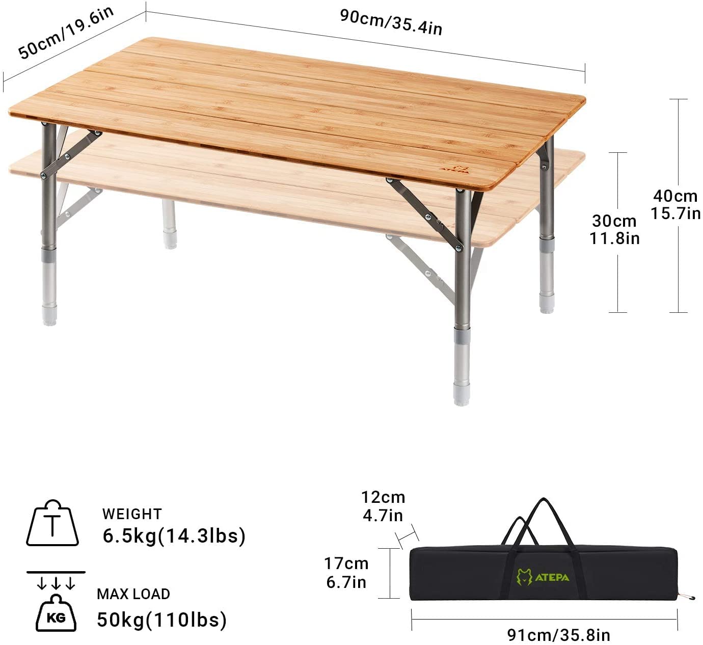 ATEPA Bamboo Folding Table Portable Camping Table with Carry Bag Heavy Duty Adjustable Height Bamboo Table, Easy to Carry and Clean, Great for Outdoor Picnic Beach Backyard, 31.5"(L) x 23.6"(W)