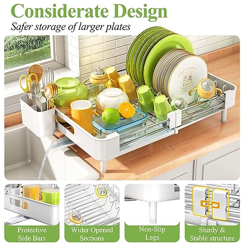 Kitchen Counter Dish Drainers Rack, Auto-Drain Expandable(13.2"-19.7") Stainless Steel Large Strainers Over Sink Drying Rack Drainboard with Utensil Holder Caddy Organizer, White