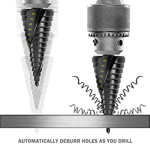 Canitu 3Pcs Nitride Spiral Step Drill Bit Set, 4-12/4-20/4-32 1/4" Hex Shank Cone Titanium Coated HSS Unibit Spiral Grooved Step Drill Bits for Steel, Plastic, Wood, Sheet Metal Hole Drilling