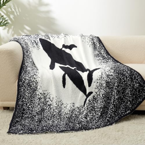 Snuggle Sac Whale Knitted Throw Blanket, Super Soft Reversible Fluffy Shark Plush Blankets, Luxurious Microfiber Whale Blanket Throw for Couch, Bed, Gift for Kids & Parents, Black, 50x60 inches