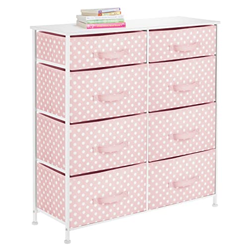mDesign 35.3" High Steel Frame/Wood Top Storage Dresser Furniture, 8 Slim Fabric Drawers, Large Bureau Organizer for Baby, Kid, Teen Bedroom, Nursery, Playroom, Dorm, Pink/White Polka Dot