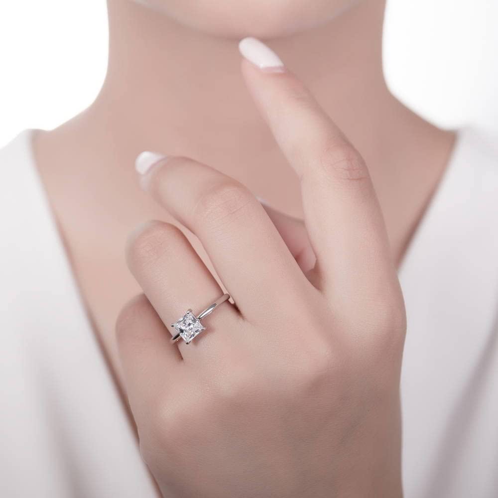 BERRICLE Sterling Silver Solitaire Wedding Engagement Rings 1.6 Carat Princess Cut Cubic Zirconia CZ Ring Set for Women, Rhodium Plated Size 9