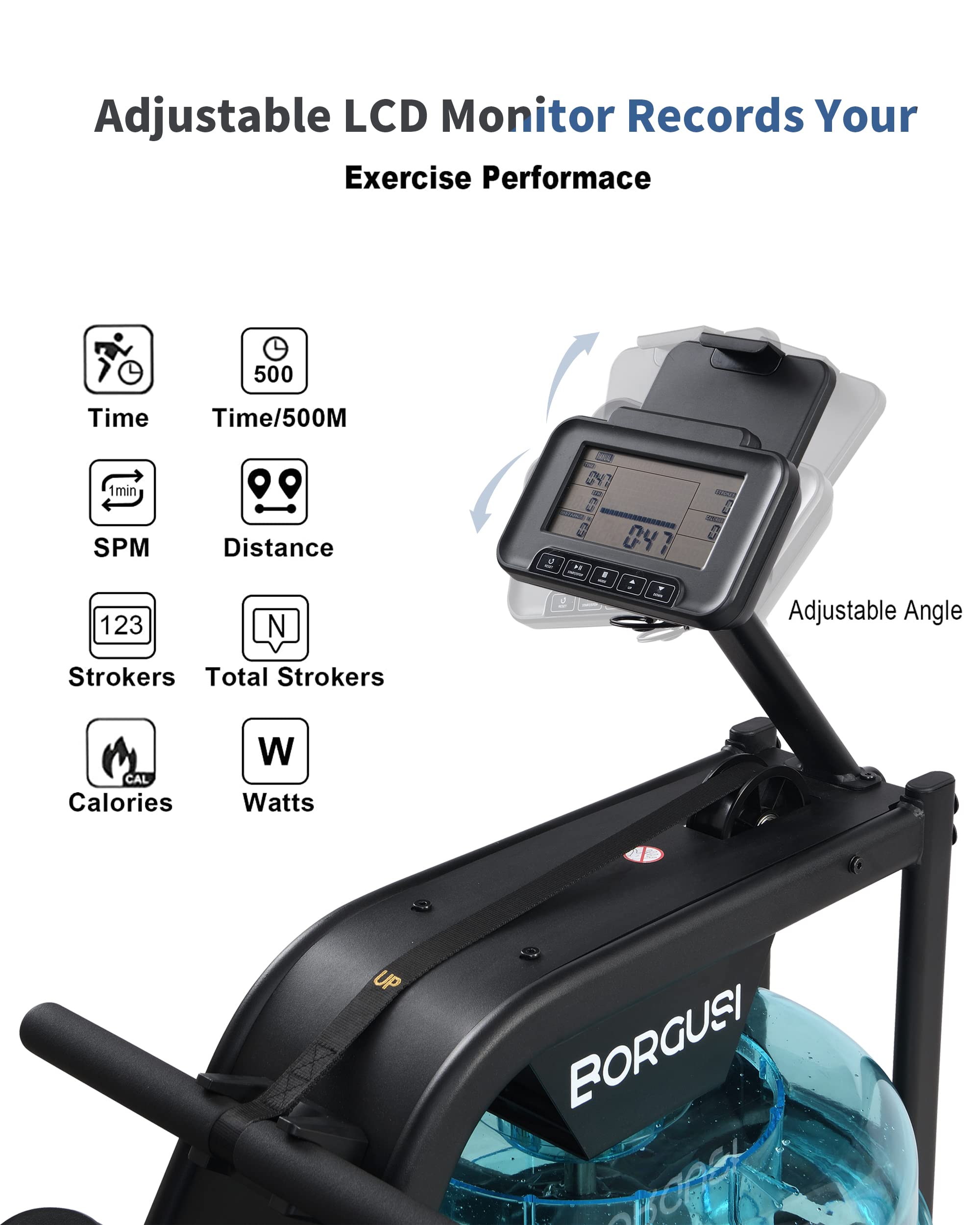 BORGUSI Water Rowing Machine Indoor Exercise Rower with LCD Monitor, Tablet Holder and Comfortable Seat Cushion, Max 350 lbs Weight Capacity for Home Use