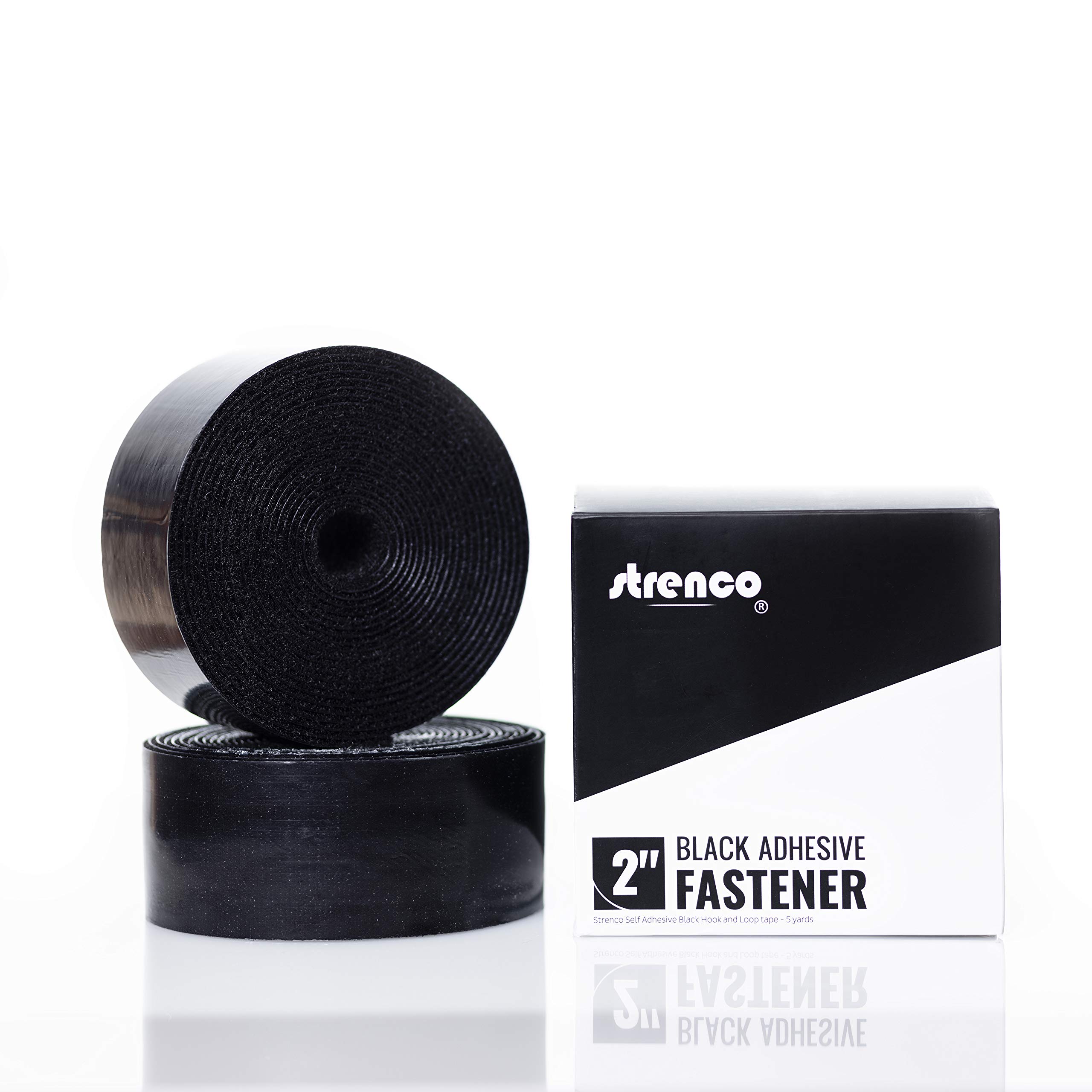 Strenco 2 Inch Hook and Loop Strips with Adhesive - 5 Yards - Heavy Duty Tape - Black Sticky Back Fastener