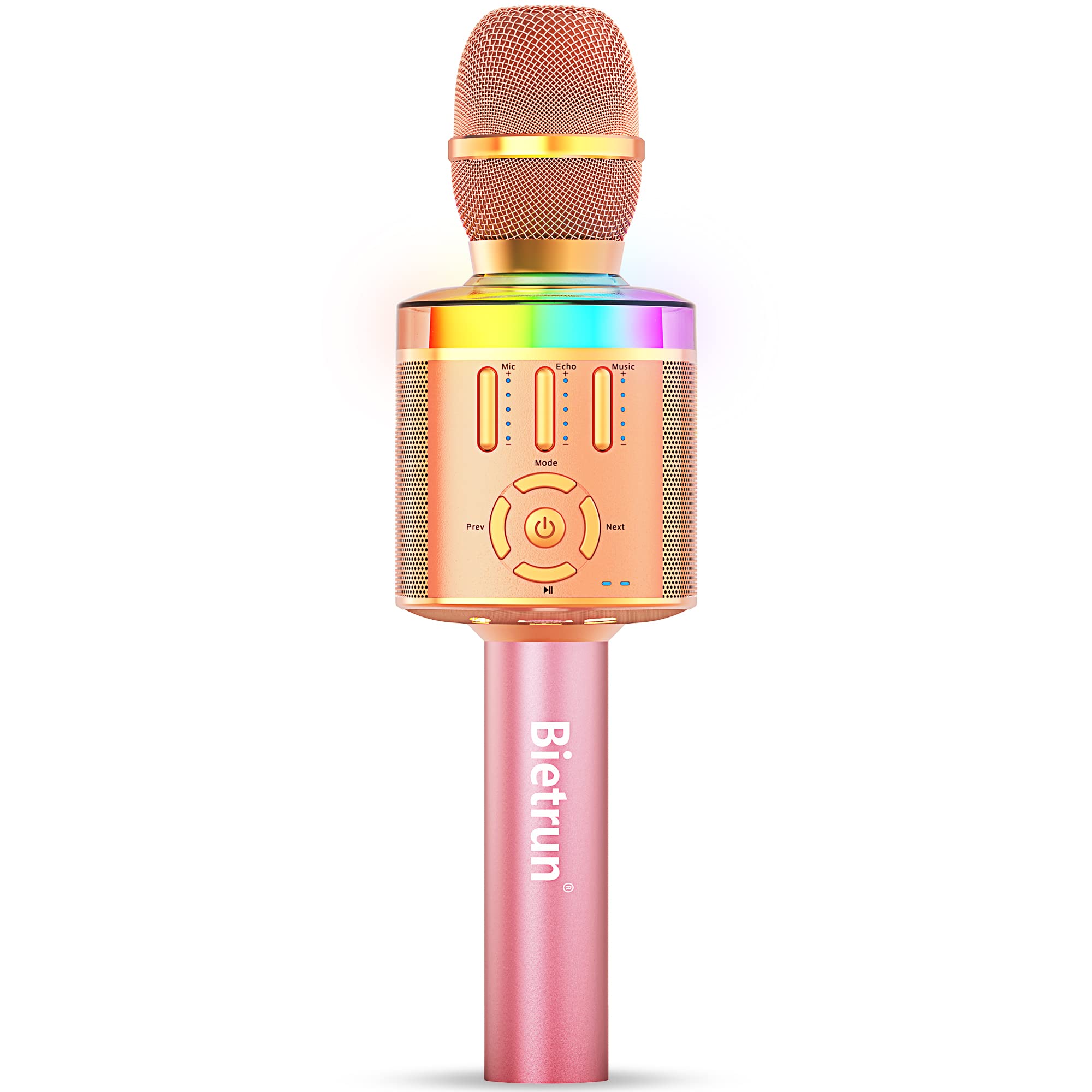 Bietrun Karaoke Microphone for Singing with 4 Magic Sounds, Bluetooth Portable Metal Handheld Cordless Dynamic Rechargeable Wireless Mic with Speaking, RGB Light, 8hrs Work Time, AUX, TF