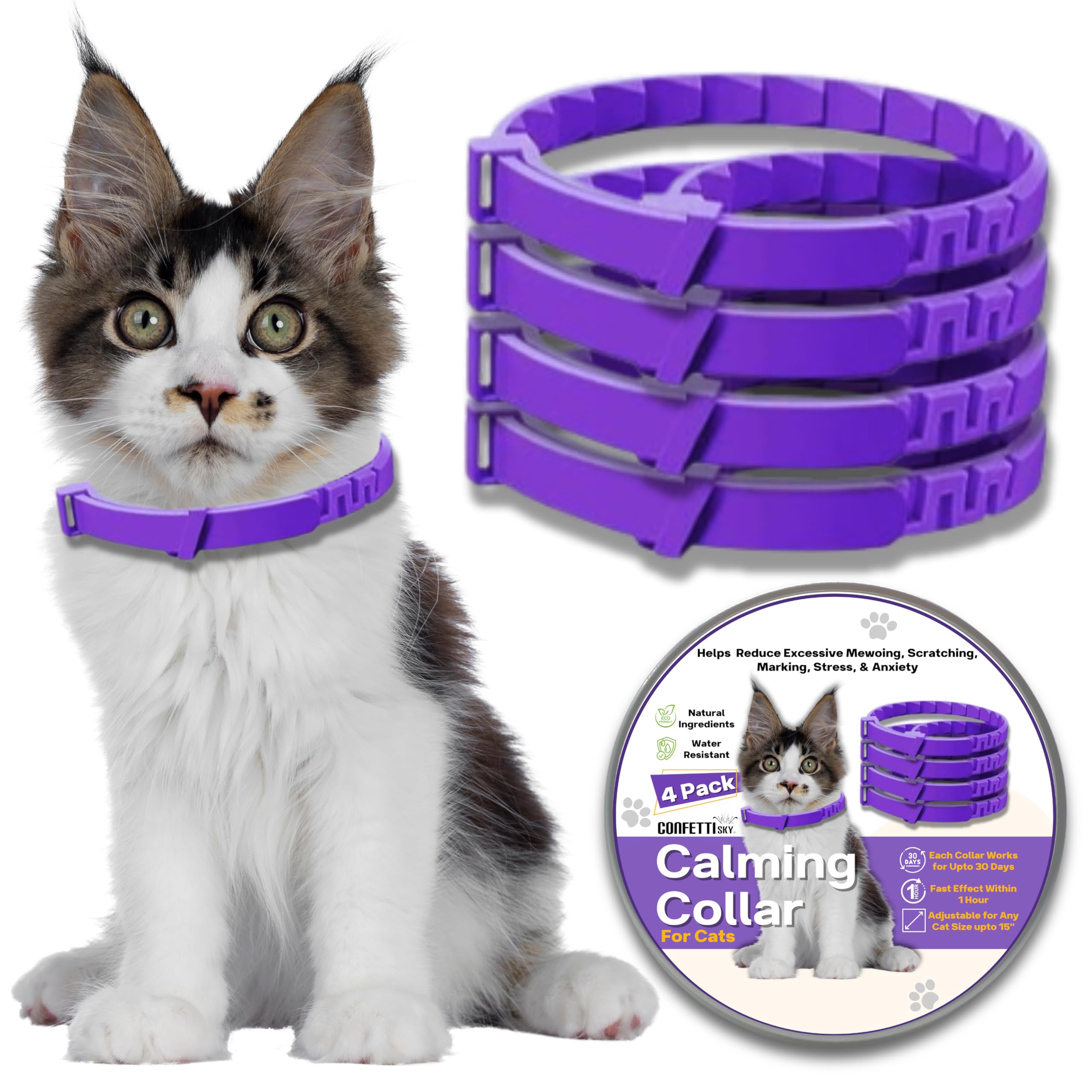 Confetti Sky Calming Collar for Cats [4 Pack] for All Cats Size and Breed | Adjustable & Breakaway Design | Cat Pheromone Collar for Stress and Anxiety Relief | Lasts up to 30 Days