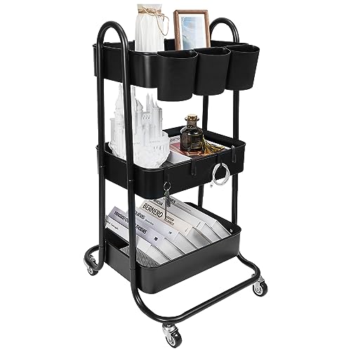 IAMFAN 3-Tier Metal Rolling Utility Cart,Storage Carts with Handle and Lockable Wheels,Art Cart Organizer,Craft Cart,Roller Cart for Office,Bedroom,Living Room,Kitchen,Bathroom,Black