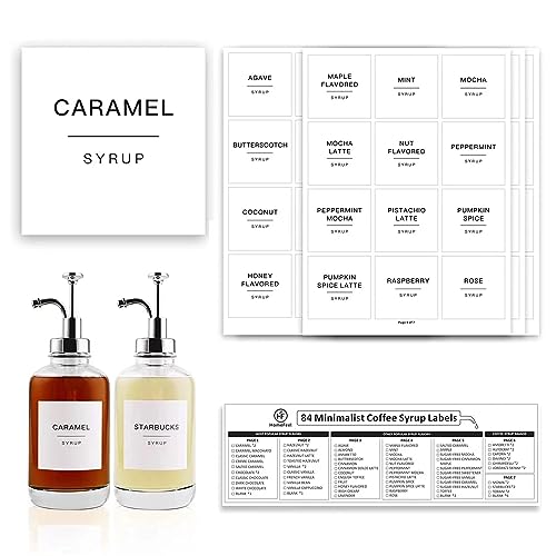 HomeFeel 84 Coffee Syrup Labels for Coffee Bar Accessories, Minimalist Fancy Decor for Coffee Station, Essentials for Syrup Bottle & Dispenser Organization