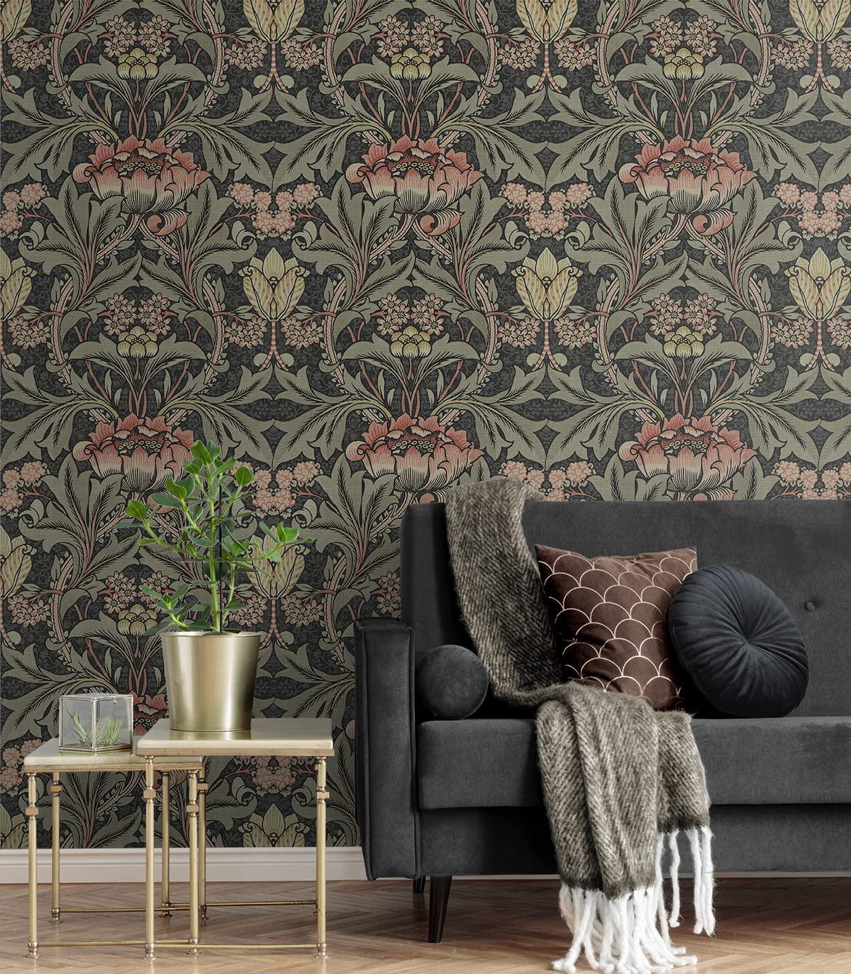NextWall Acanthus Floral Peel and Stick Wallpaper (Charcoal & Rosewood)