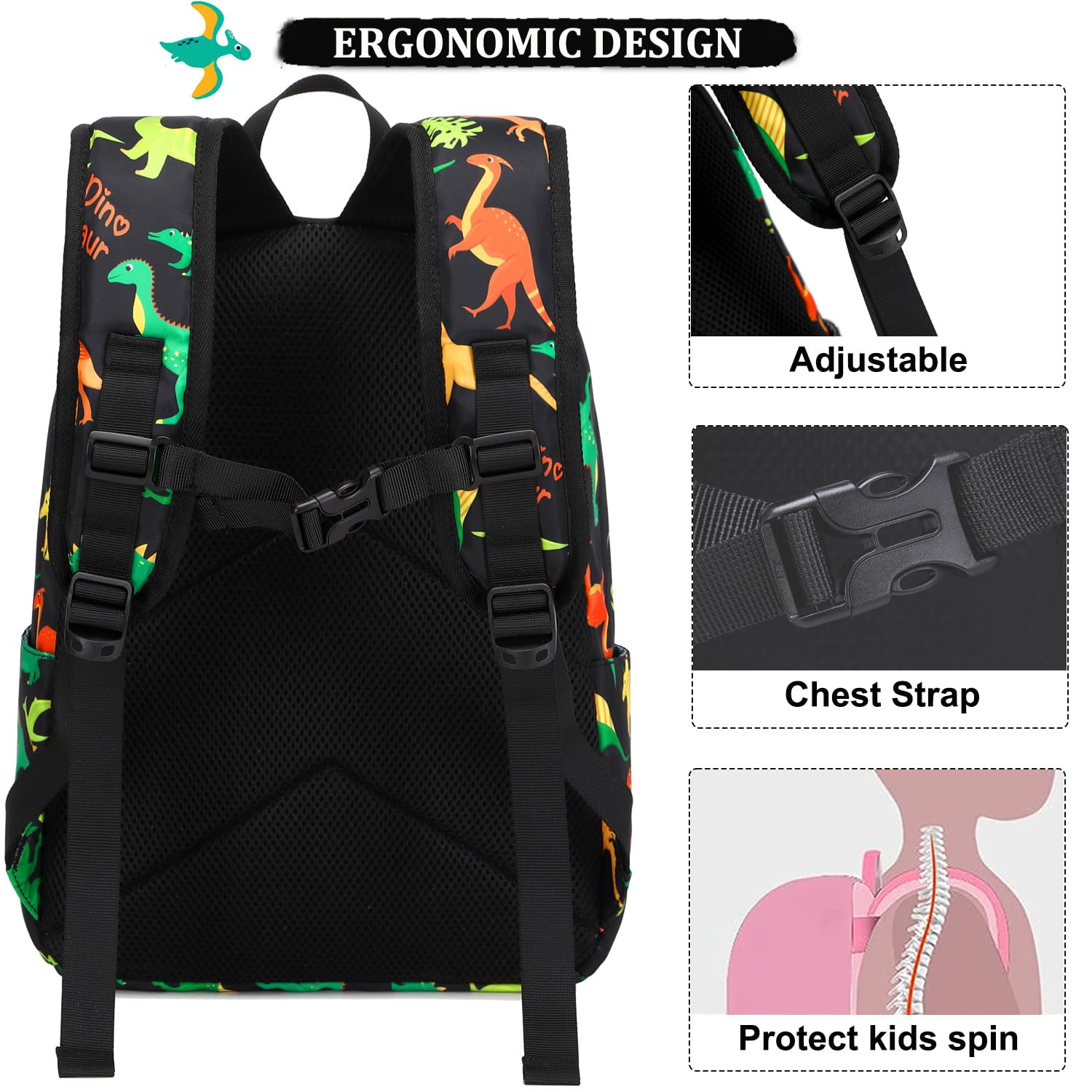 Boys Backpack Dinosaur Backpack for Boys Kids Dinosaur Backpack with Chest Strap Kindergarten School Bookbag Set with Lunch Box Pencil Case