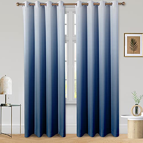 HOMEIDEAS Navy Blue Ombre Blackout Curtains 52 X 84 Inch Length Gradient Room Darkening Thermal Insulated Energy Saving Grommet 2 Panels Window Drapes for Living Room/Bedroom