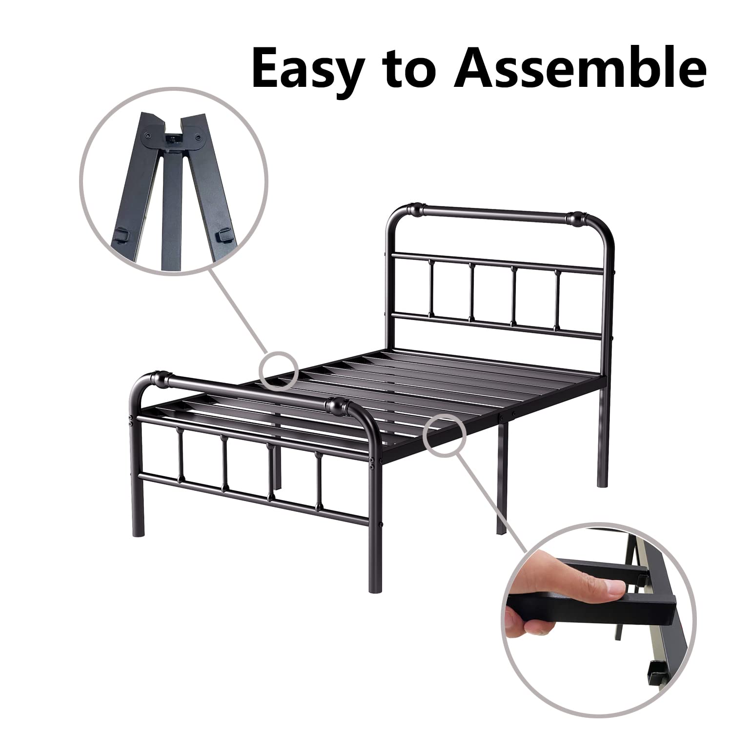 Bedella Queen Size Bed Frame with Headboard and Footboard, 18 Inches High, Heavy Duty 3500lbs Steel Slats Support, Easy to Assemble, Noise Free, No Box Sprig Needed, Black