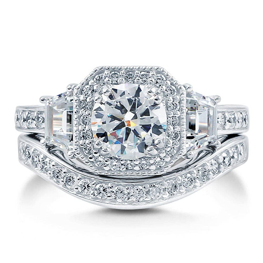 BERRICLE Sterling Silver Halo Wedding Engagement Rings Round Cubic Zirconia CZ Art Deco Ring Set for Women, Rhodium Plated Size 7.5