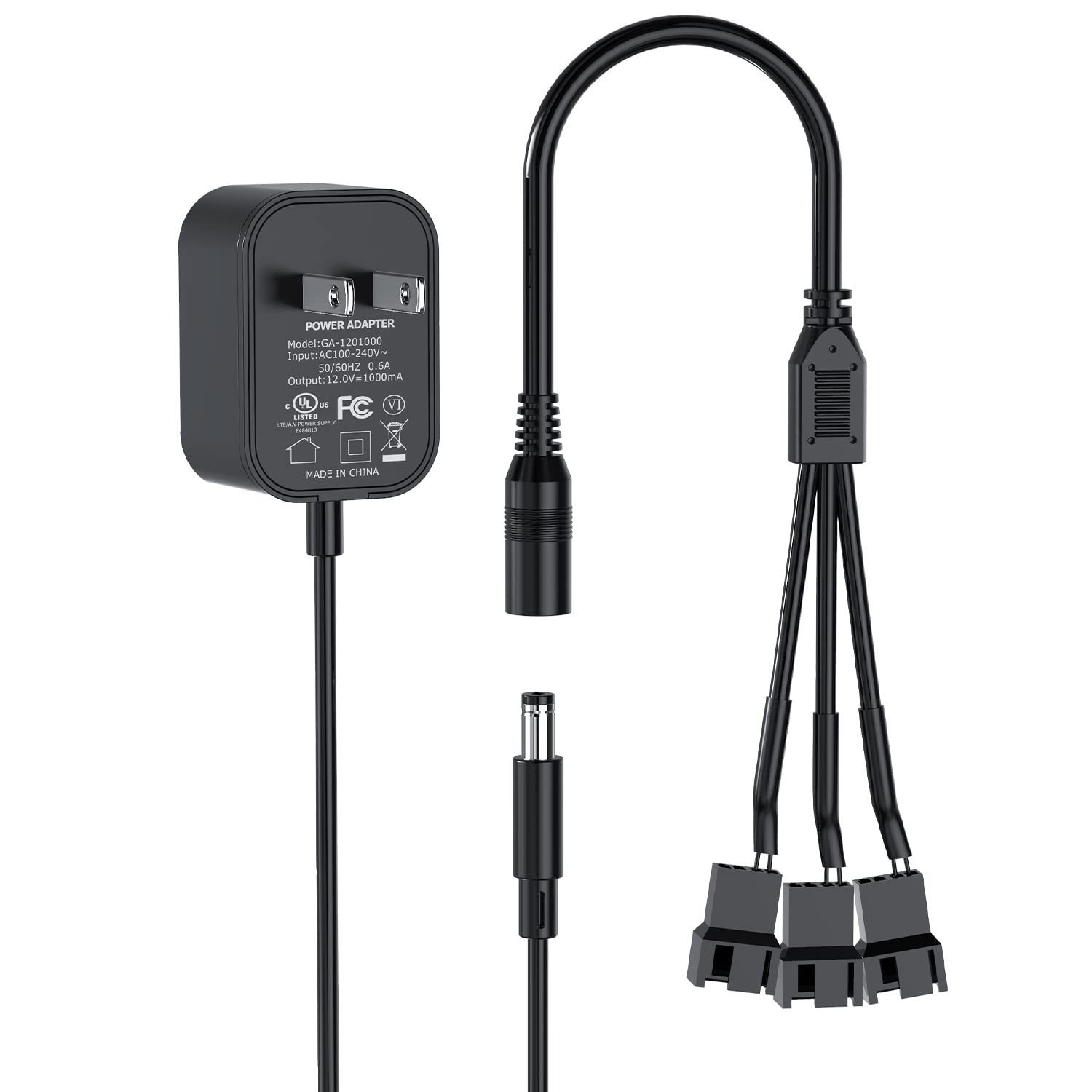 PC Fan Adapter, DC Power Supply Fan Splitter Cable, DC Female to 3 x 3/4 Pin