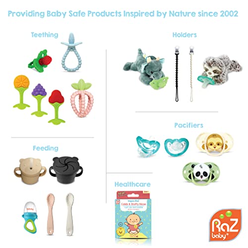 RaZbaby Baby Solids/Frozen Fruit Feeder Pacifier, Infant Teether Toy 6M+, BPA-Free Silicone Pouch & Nipple, Safely Introduce Solids, Teething Relief, Dishwasher Safe, 2-Pack β Orange/Blue + Green/Blue