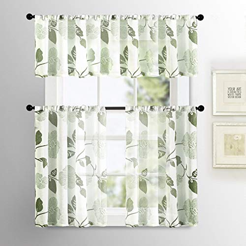 MRTREES Sheer Printed Valance Curtains for Kitchen Windows, Small Modern Rod Pocket Voile Valance Window Treatment for Bathroom Basement(1 Pack, 54" W x 16" L, White with Olive Green Floral Pattern)