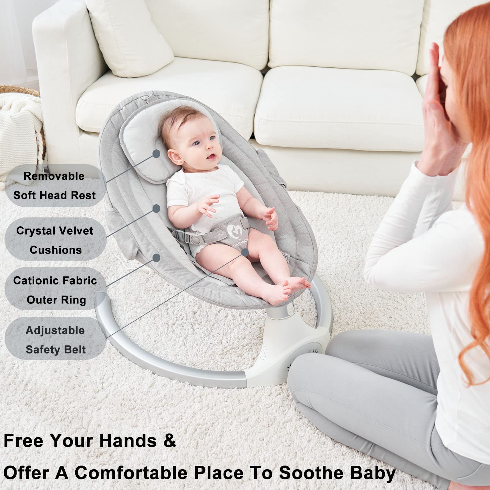 Bellababy Bluetooth Baby Swing for Infants, Compact & Portable Baby Bouncer, 3 Seat Positions, 5 Speed, 10 Lullabies, Remote Control, USB Plug-in Power, Indoor/Outdoor Baby Rocker, Boy/Girl Gray