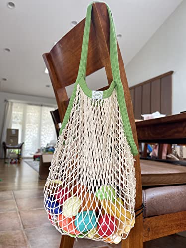Green Handle US - Mesh Net Bag with Long Shoulder Handle Bag Stretchable Reusable for Grocery Shopping Beach Toys Storage (Green Handle)