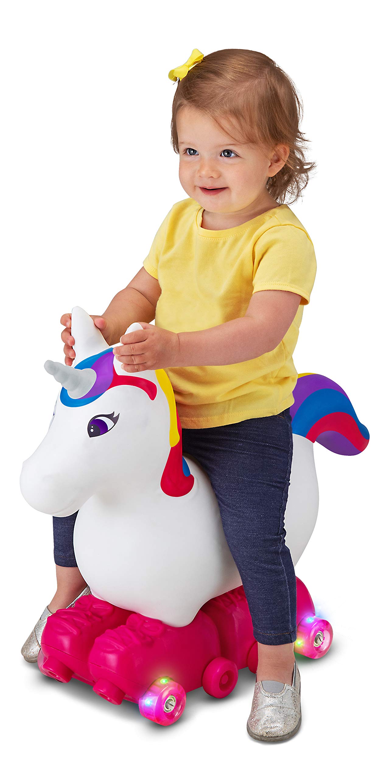 Kid Trax Silly Skaters Unicorn Toddler Foot to Floor Ride On Toy, Kids 1-3 Years Old, Soft and Inflatable, Single Rider, Light Up LED Rollerskates, White (KT1590)