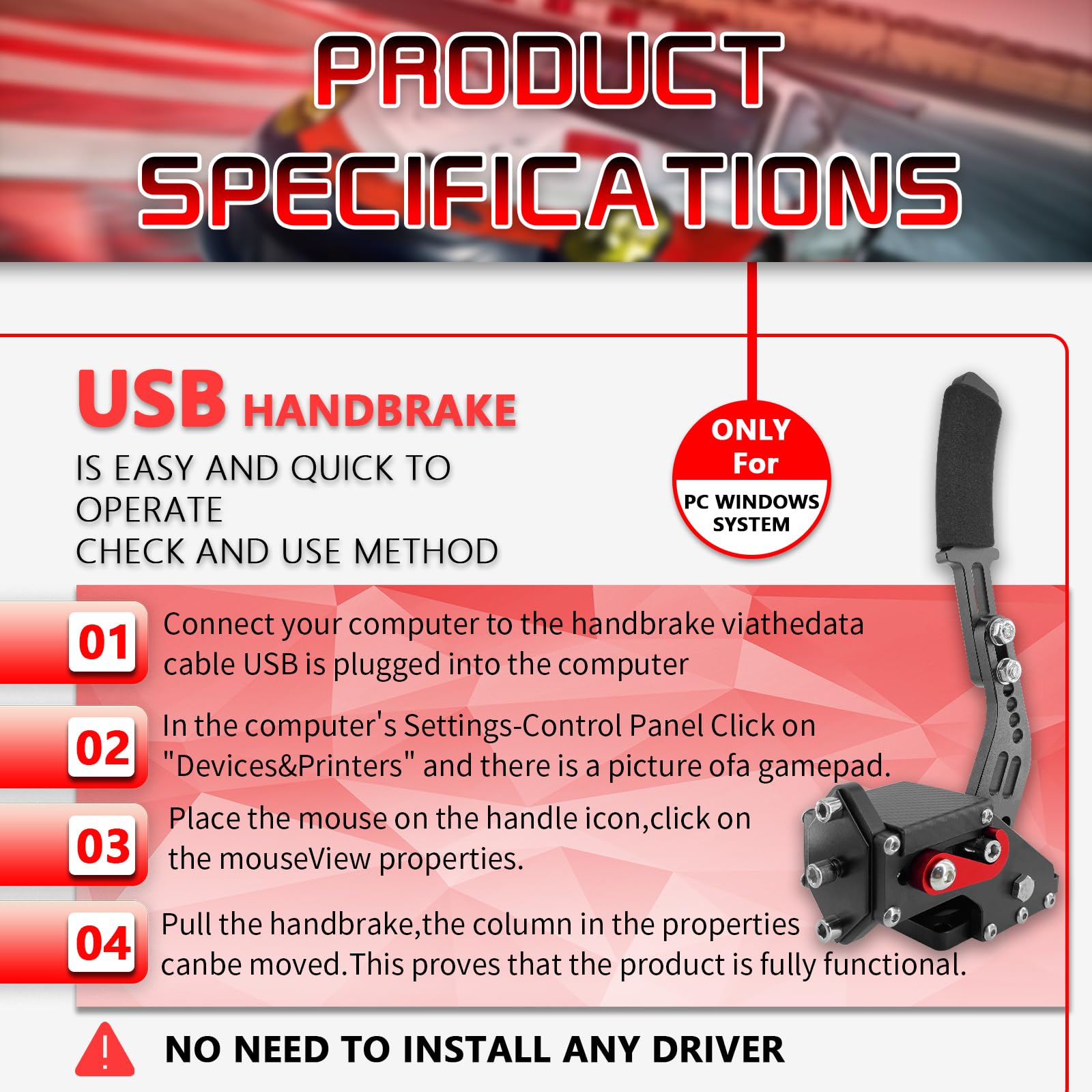 PC Racing Game USB Handbrake, 16-bit USB Handbrake for Racing game Compatible with Logitech G27/G29/G920 T500 T300, Brake Analog Performance Handbrake for Simulated Racing Games: DiRT Rally 2/4, LFS,