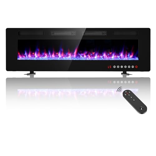 BREEZEHEAT 60inch Electric Fireplace Recessed Wall Mounted-Ultra Thin Fireplace Heater for Living Room/Bedroom with 2 Heat Vents, Remote Control, Touch Screen, Adjustable Flame, 8H Timer, 750w/1500w