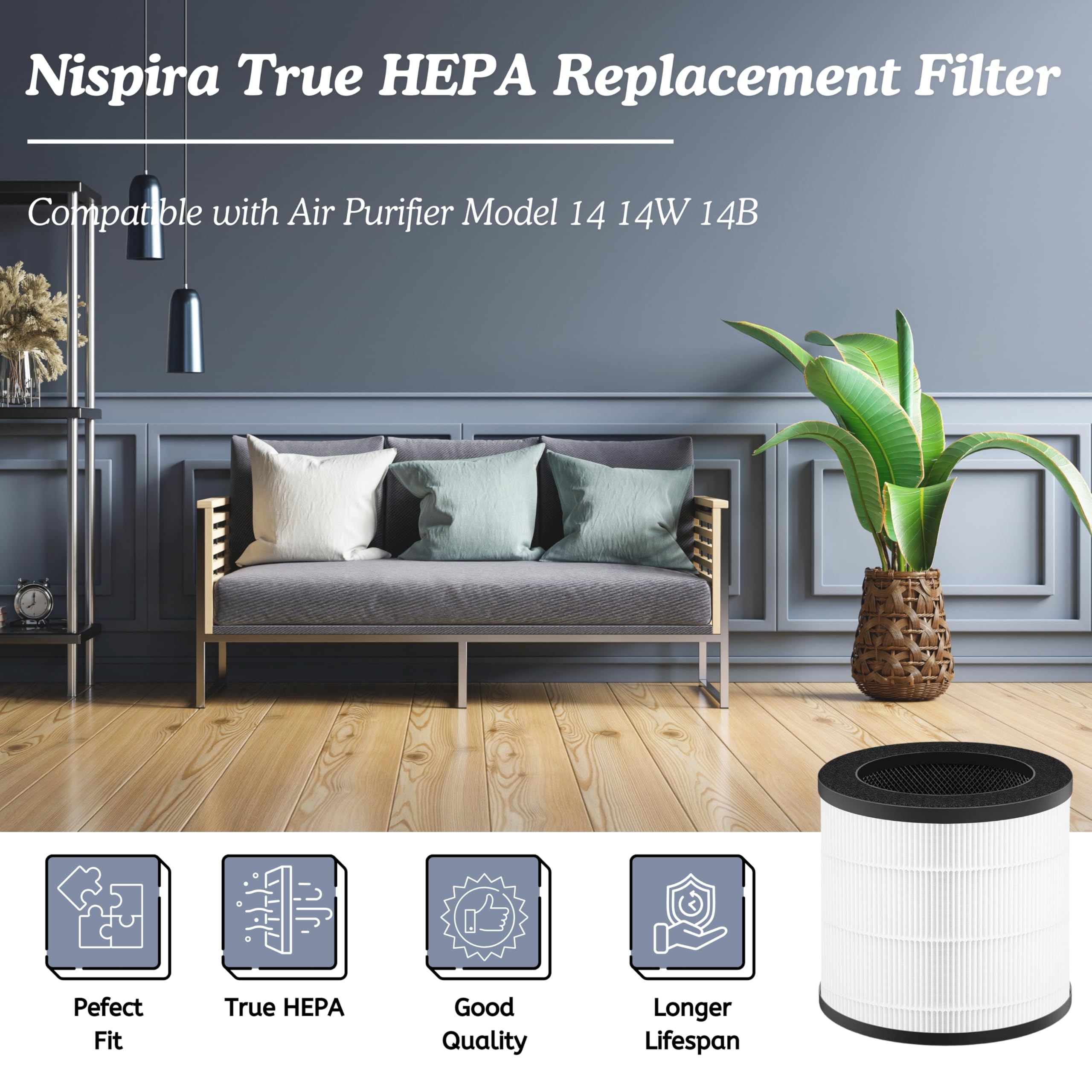 Nispira True HEPA Replacement Filter Compatible with M#14 Air Purifier Part MA14RB1 MA14RW1. 4 Packs