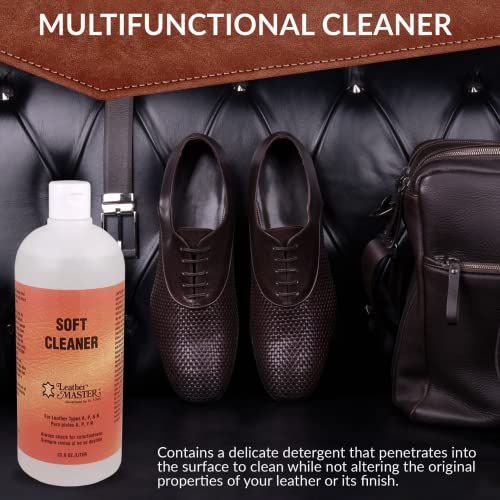 Leather Master Soft Leather Cleaner 33.8 oz/Liter - Soft Leather Cleaner for use of Leather Furniture, Car Interior, Apparel, Boots, Shoes, and Bags.