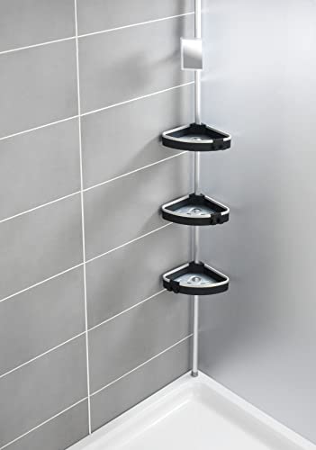 WENKO Tension Corner Shower Caddy 3 Pole and Baskets für Shampoo, Conditioner, Soap with Hooks for Razors, Towels, Blue