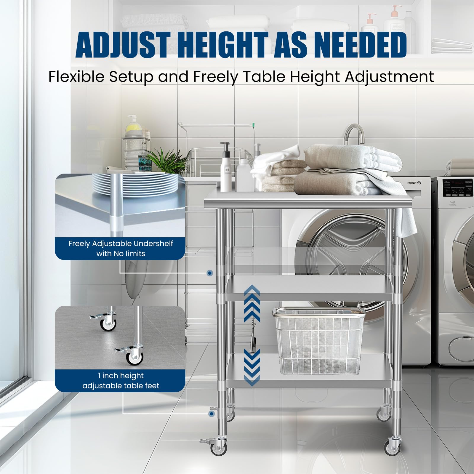 Chingoo Stainless Steel Table with Wheel Caster 24 x 36 Inches Metal Prep Table with 2 Adjustable Undershelves & Backsplash, Stainless Steel Work Table for Commercial Kitchen, Outdoor, Restaurant