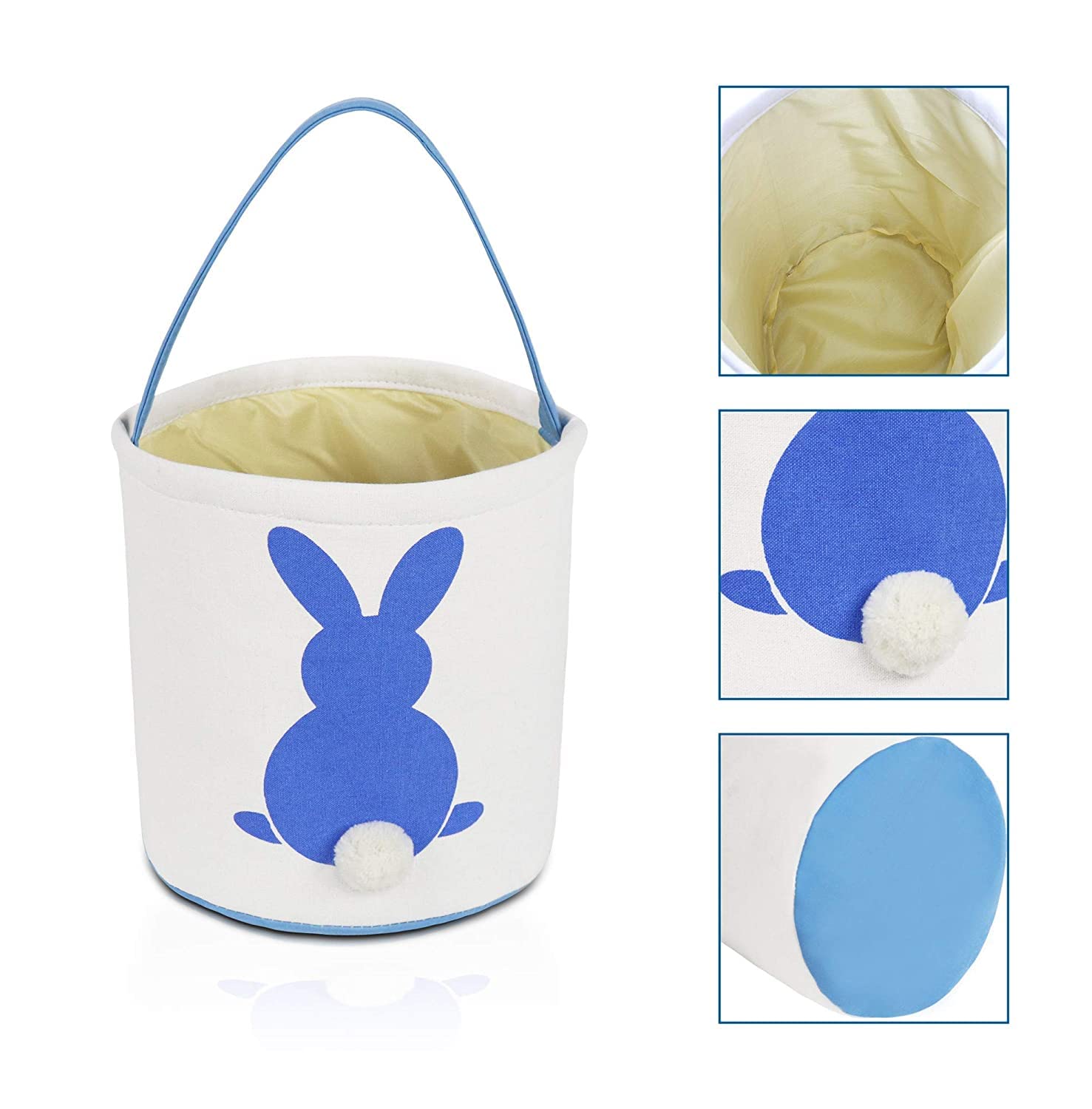 Easter Bunny Basket Bags Fluffy Tails Printed Rabbit Toys Bucket Totes & Carrot Cuff Guard Covers for Kids Canvas Carrying(Blue)