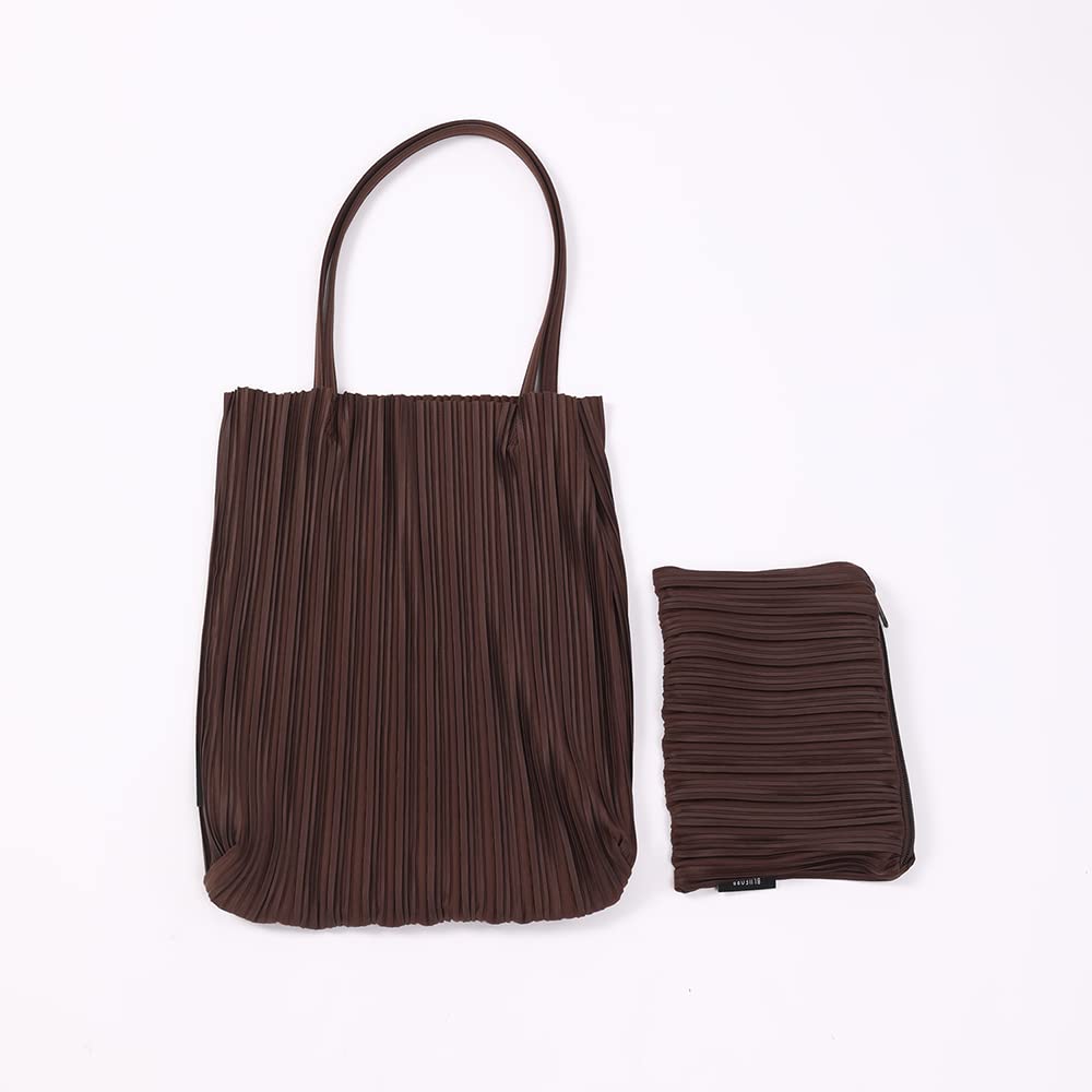 BLUEORB Each Bag Casual Washable Pleats Women's Versatile 100% Recycled Polyester Daily Shoulder Bag Tote Hobo Pouch Set (Just Brown)