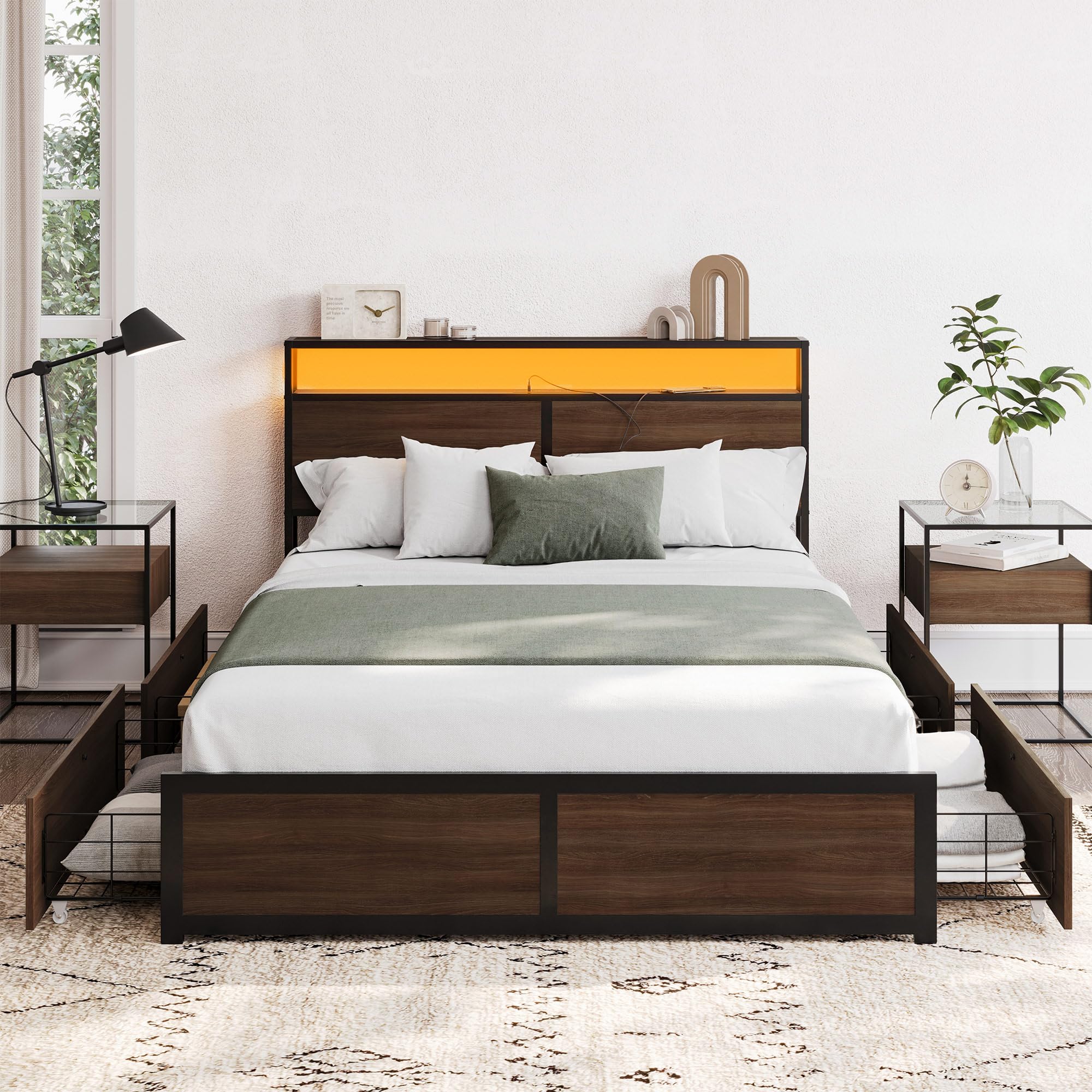 BELLEZE Full Size Bed Frame with Storage Headboard and 4 Drawers Under Bed, Sturdy Metal Platform Bed with Remote Control RGB LED Light and Ultra-Fast USB Type A/C Outlet, No Box Spring Needed-Brown