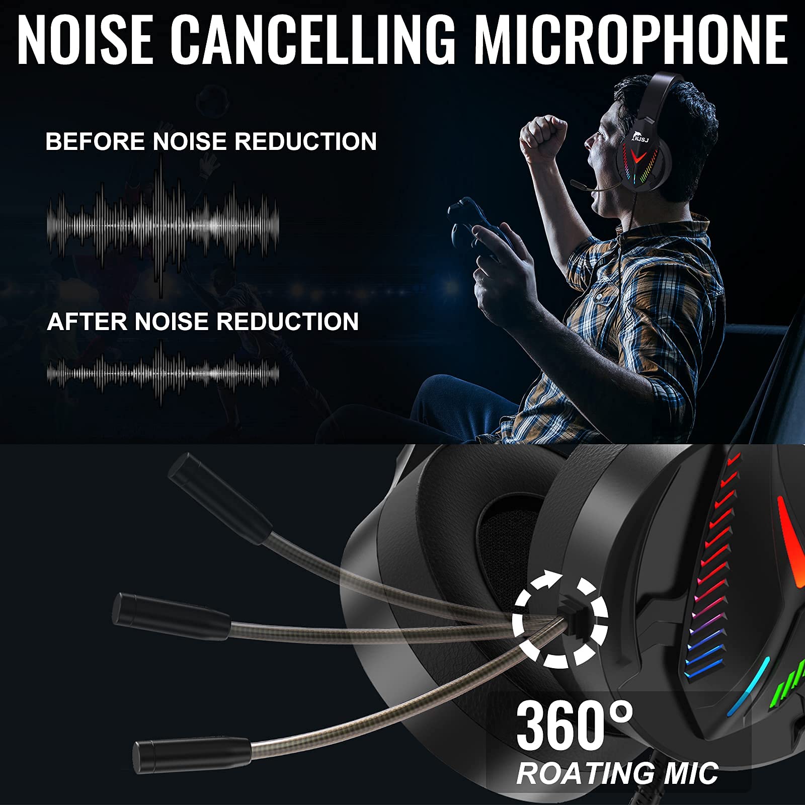 NJSJ Gaming Headset for PS4 PC Xbox One PS5 Controller, Gaming Headphones with Noise Canceling Microphone,Surround Sound,RGB LED Light,Soft Memory Foam Ear Pads for PC, Mac, Laptop, Cell Phones