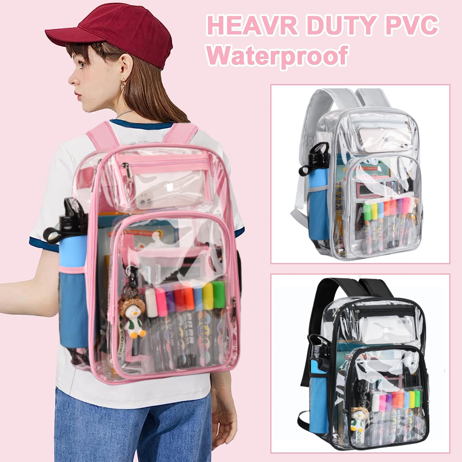 Birity Clear Backpack Heavy Duty,Large PVC Transparent Backpack,See Through Book Bag,Transparent Backpack For Teenager and Adults,Clear Bookbag for School,Sports,Work,Travel, College