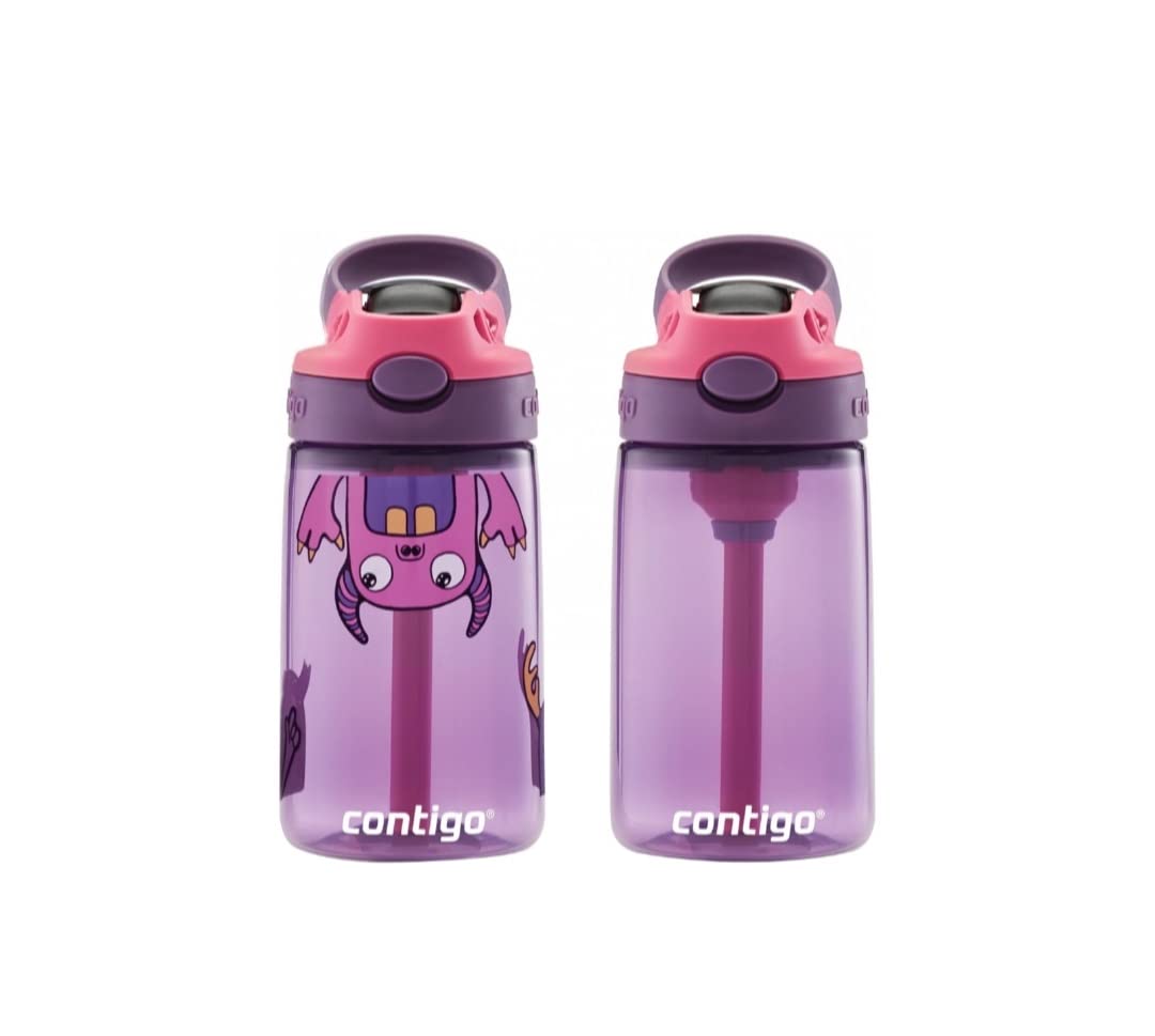 Contigo Kids Water Bottle with designed AUTOSPOUT Straw, 14 oz., Monsters Eggplant, 2-Pack