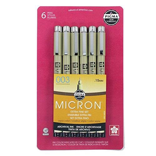 Sakura Pigma 50032 Micron Blister Card Ink Pen Set, Sepia, 003 Sepia 6CT