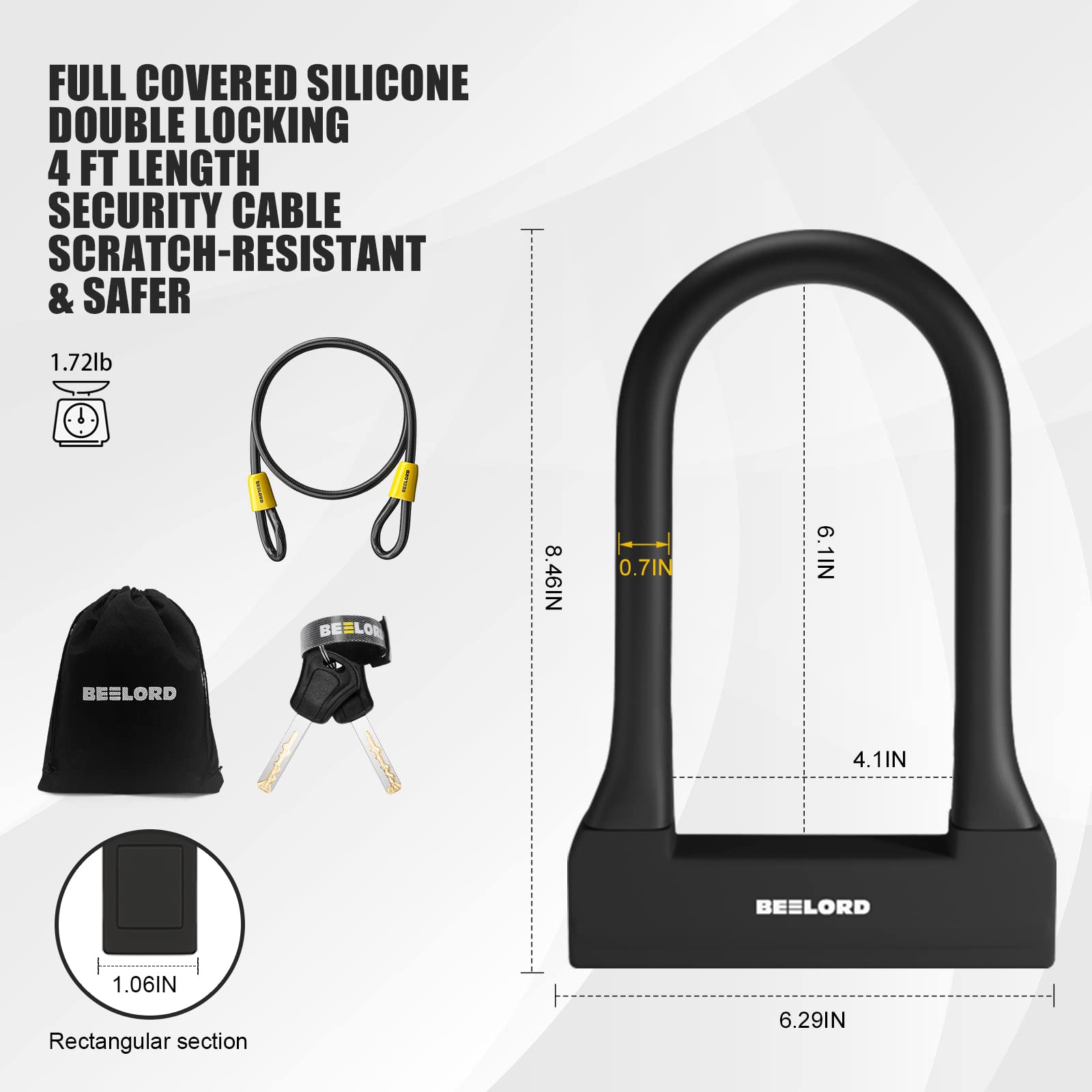 BEELORD Bike U-Lock, Heavy Duty Anti-Theft Bicycle U Lock,Bike U Lock with Cable 17/18mm Shackle with Keys, Security Lock for Bicycles, E-Bikes, Scooters…