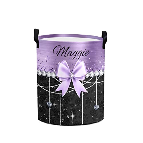 Glitter Print Purple Black Bow Personalized Foldable Freestanding Laundry Basket Clothes Hamper with Handle, Custom Collapsible Storage Bin for Toys Bathroom Laundry