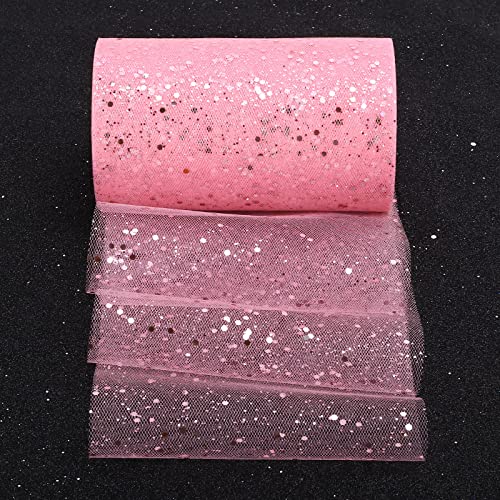 Glitter Tulle Rolls, 6” by 50 Yards (150FT) Sparkling Tulle Spool Ribbon Sequin Tulle Netting Fabric for Tutu Skirt Wedding Birthday Baby Shower (Pink)