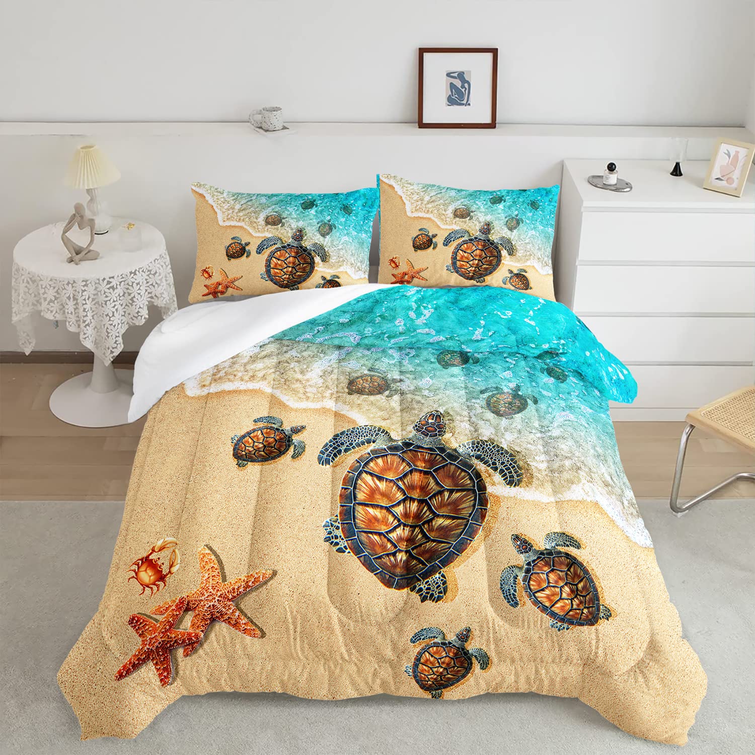 CVHouse Sea Turtle Comforter Set,Ocean Sea Turtle Bedding Set for Kids Teens,Beach Sea Turtle Comforter Sea Turtle Duvet Set Room Decor Quilt Set Twin Size