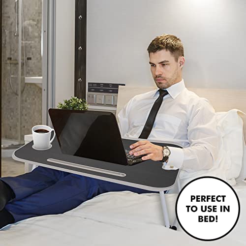 Folding Lap Desk for Bed and Sofa - Portable Wide Surface Bed Desk with Built-in Cup Holder and Tablet or Phone Slot for Working, Studying, Eating, and Watching Movies (Dark Grey)